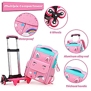 Girls Rolling Backpack with 6 Wheels, 16 Inch Lightweight Roller Backpacks for girls Elementary, Carry-on wheeled backpack for School Travel, 4+ Years Old, Pink