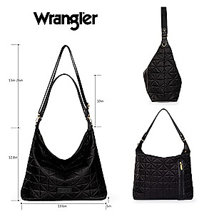 Wrangler Quilted Hobo Shoulder Bag for Women Black Nylon Crossbody Purse Lightweight Soft Handbag with Zipper,WG39-918 BK