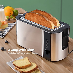 LyriFine Toaster 4 Slice, Long Slot 2 Slice Toaster for Artisan Sourdough Breads, Stainless Steel Toaster with Warming Rack, Extra Wide Slots for Bagels Waffles (Silver), Extra Large 10''x1.5''