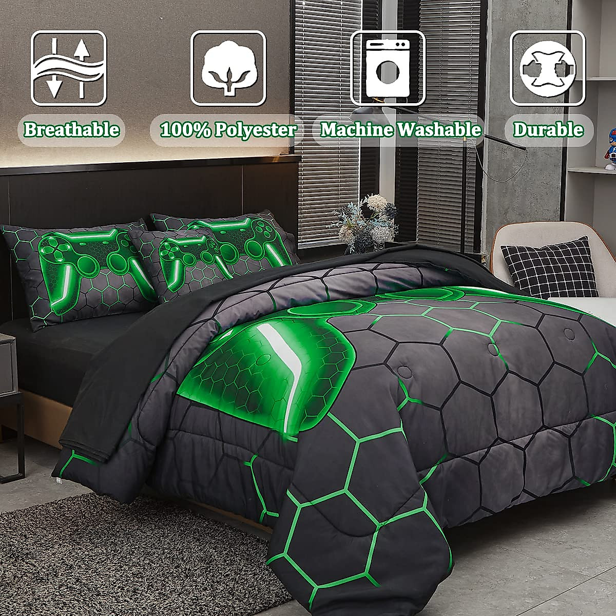 Tasselily Game Console Twin Comforter Set for Boys Girls, Green Honeycomb Gaming 6 Piece Bed in A Bag Teen Kids Bedding Sets with sheets