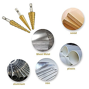 HIDOTOL Step Drill Bit Set 3PCS, High Speed Steel Titanium Coated, Double Cutting Blades, Unibit Drill Bits for Metal Sheet, Wood, Plastic, Total 28 Sizes
