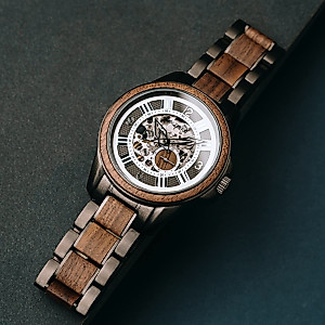 HOLZKERN Jemaa Men’s Watch, 43mm Silver Skeleton Dial, Brushed Stainless Steel Strap, Vintage Watch for Men