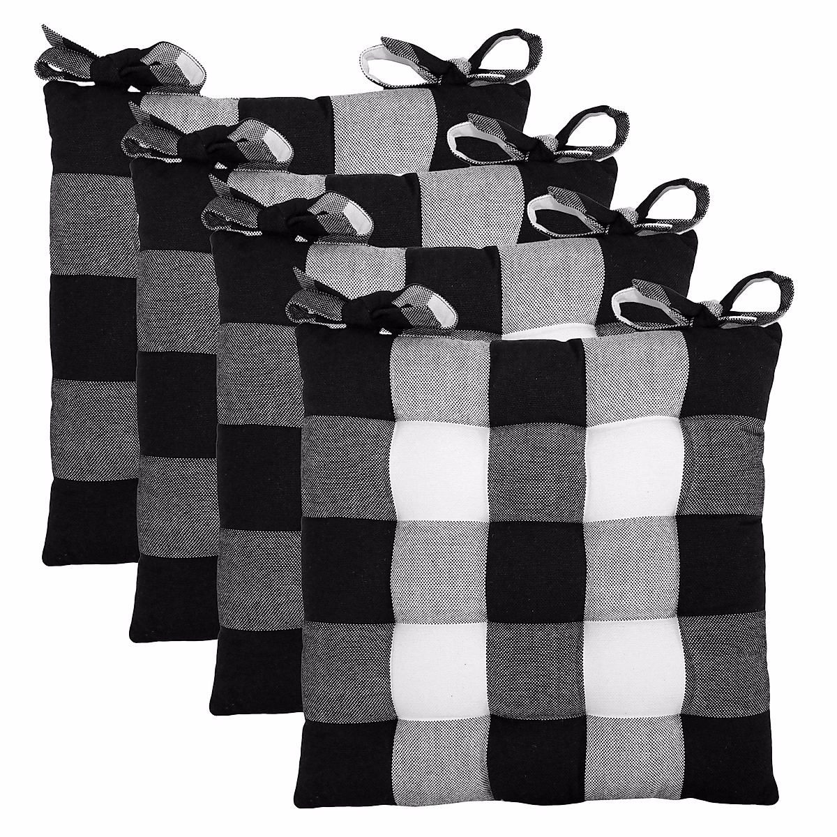 COTTON CRAFT Chair Cushion Pads - Set of 4 - Buffalo Gingham Check - Dining Kitchen Office Chair Seat Cushion with Ties - Durable Cotton Fabric - Thick Comfy Poly Fill - Indoor Use - 17x17 in – Black