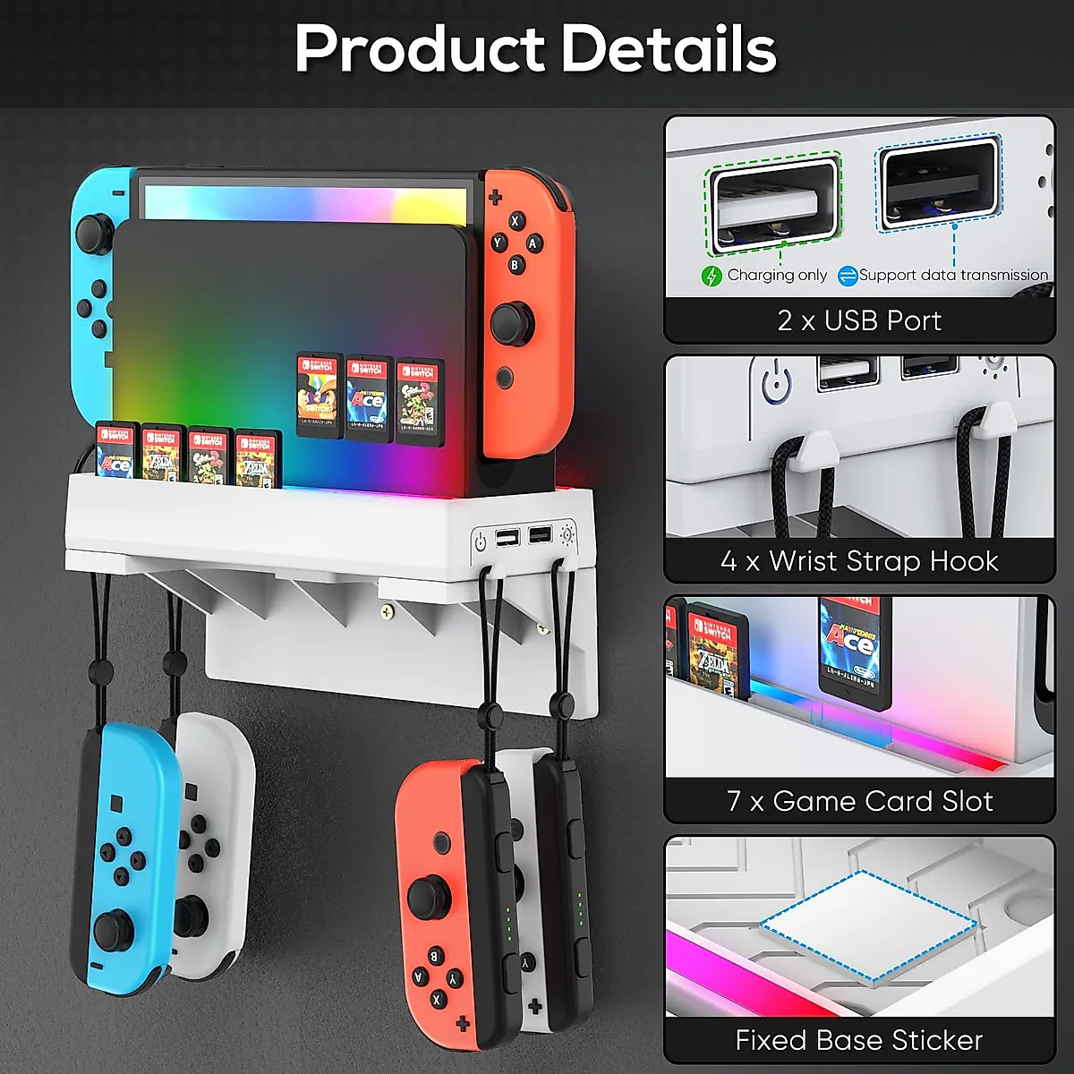 Switch Wall Mount for Nintendo Switch and Switch OLED,Games Console Wall Shelf with Light,Station Stand Holder for Charging Dock,7 Game Card Slots,4 Controller Accessories Kit Storage for Joy Con
