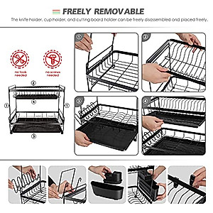 Zvonema Large Dish Drying Rack, 2-Tier Dish Racks for Kitchen Counter, Stainless Steel Dish Drainers with Drainboard & Removable Utensil Holder Cup Holder, Space Saving Dish Rack, Black