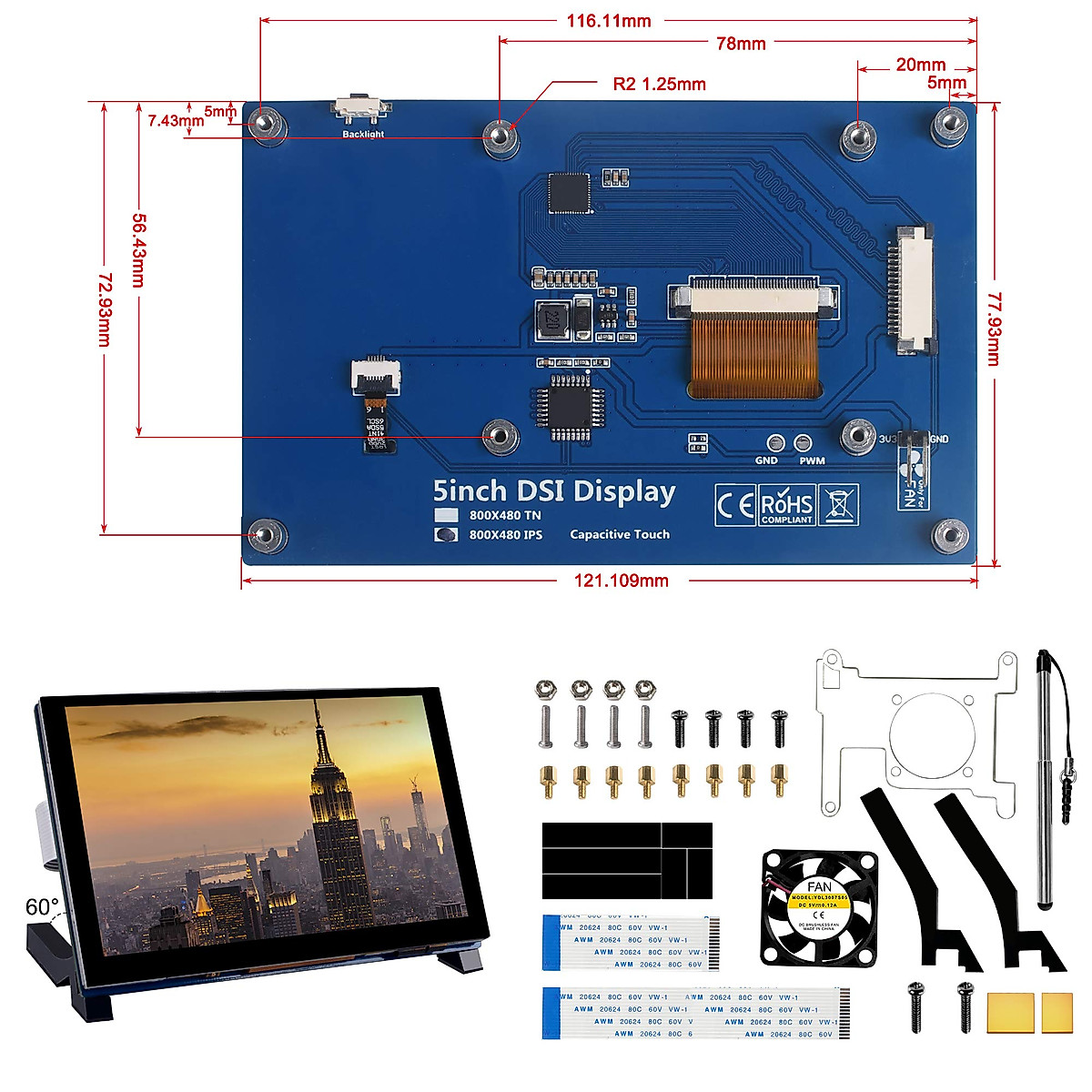 Miuzei Touchscreen with Fan, 5 inch IPS Touch Screen LCD Display, 800X480 Capacitive Monitor, DSI Connection Gaming Screen