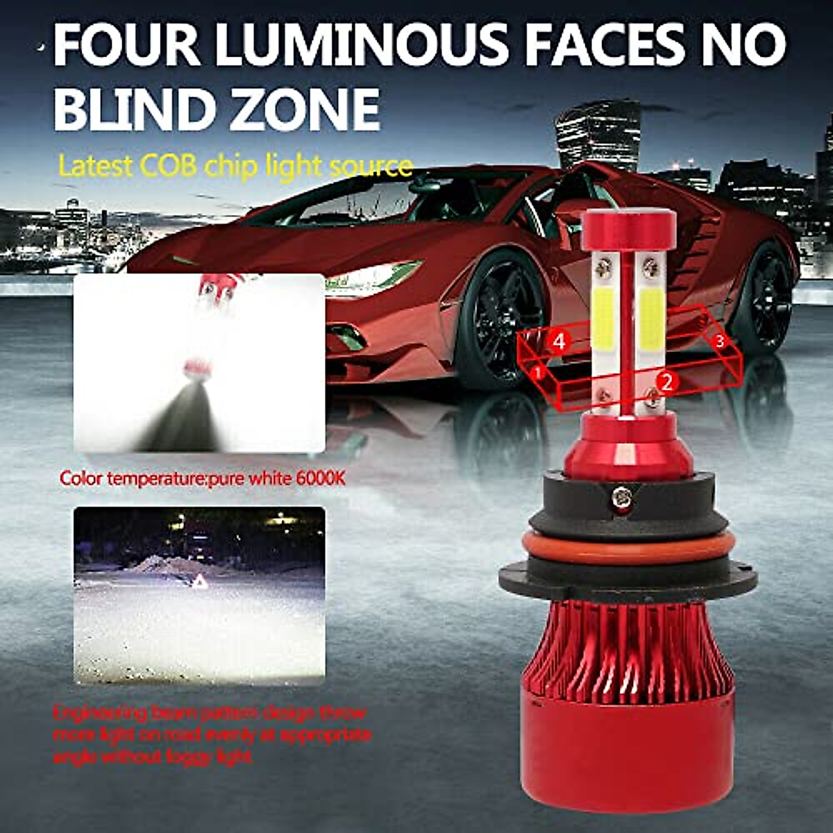 StoneBanks 9007 HB5 LED Headlight Bulb, 6000K White 4-sides LED Chips High Low Beam Bulb Driving Car Headlamp Plug and Play Conversion Kit, Pack of 2