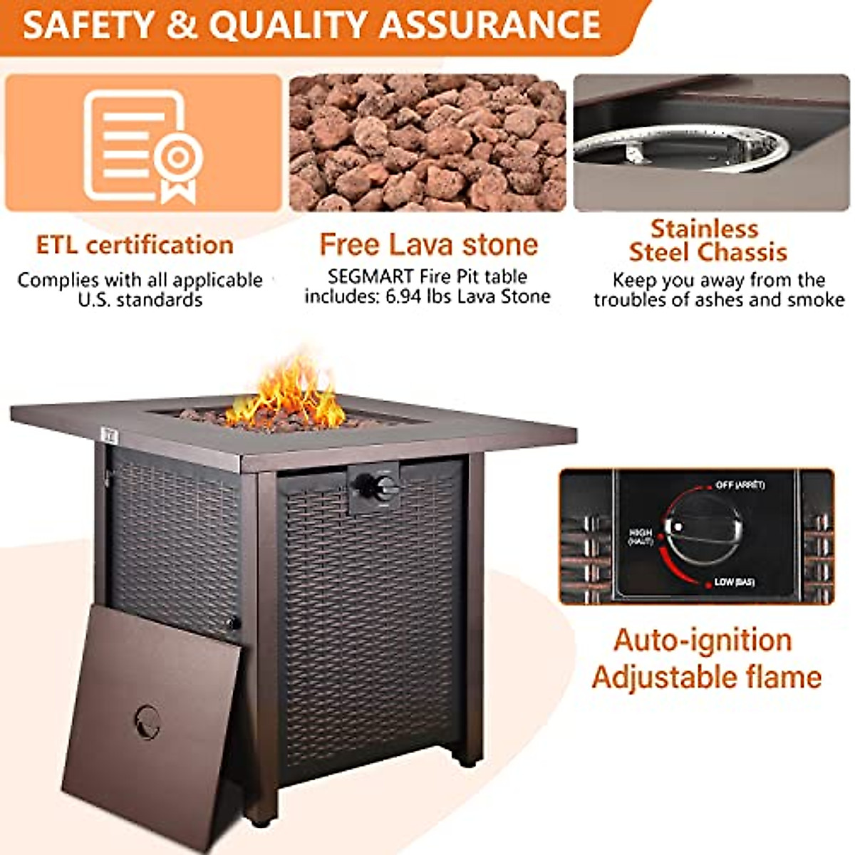 SEGMART Outdoor Propane Fire Pit Table 40000 BTU Gas Fire Pit Table for Outside Patio/Garden/Courtyard, Square Fire Pit with Lid, Auto-Ignition, Lava Rock, Wicker Steel Surface, Outdoor Companion