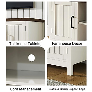 ChooChoo Farmhouse TV Stand, Wood Grooved Door Entertainment Center with Storage Cabinets and Open Shelves, Rustic Media Console up to 55 inches for Living Room, Bedroom, White