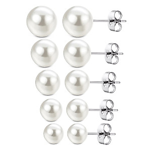 JewelrieShop Faux Pearl Earrings Hypoallergenic Stainless Steel Imitation Stud Pearl Earrings for Women - 5 Pairs (White)