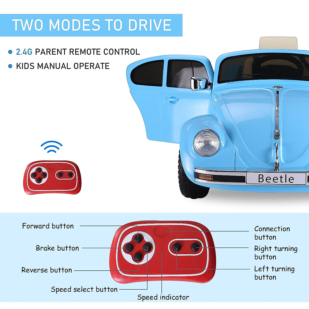 Aosom Licensed Volkswagen Beetle Electric Kids Ride-On Car 6V Battery Powered Toy with Remote Control Music Horn Lights MP3 for 3-6 Years Old Blue