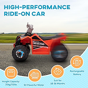 Aosom Kids ATV Quad Car, 6V Four-Wheeler Ride on Toy for Kids with Forward Backward Function, Wear-Resistant Wheels for Toddlers Ages 18-36 Months, Red