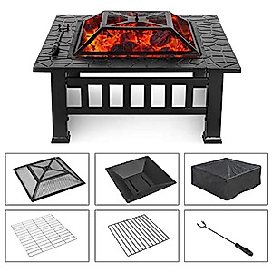 32in Fire Pit Set Wood Burning Pit 3 in 1 Patio Firepit Table BBQ Garden Stove for Outside Wood Burning and Drink Cooling