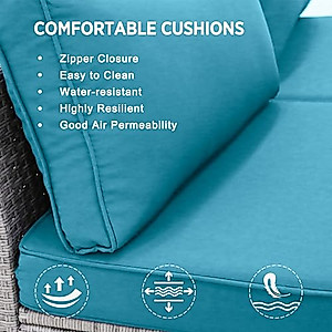 EAGLE PEAK 8 Piece Outdoor Wicker Patio Furniture Set with Fire Table and Coffee Table, PE Rattan Sectional Conversation Sofa Set with Seating for 6 People, Light Blue