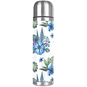 Watercolor Blue Floral Flower Cute Stainless Steel Water Bottle Leak-Proof, Double Walled Vacuum Insulated Flask Thermos Cup Travel Mug 17 OZ