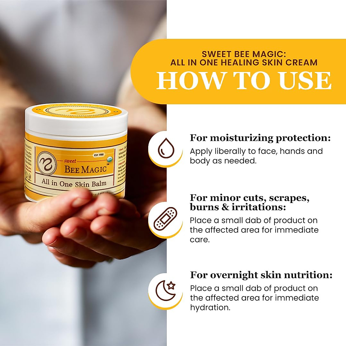 Sweet Bee Naturals - Sweet Bee Magic, All In One Healing Organic Skin Balm. Organic Skin Aid, Small Batch Crafted in USA, Certified Organic, All Natural Skin Aid- 2 Ounce Jar