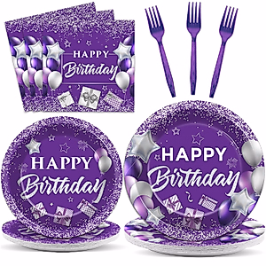 96 Pcs Purple Birthday Party Supplies Paper Plates Napkins Purple Silver Happy Birthday Tableware Set Dinner Dessert Table Decorations Favors for Women Girls Serves 24