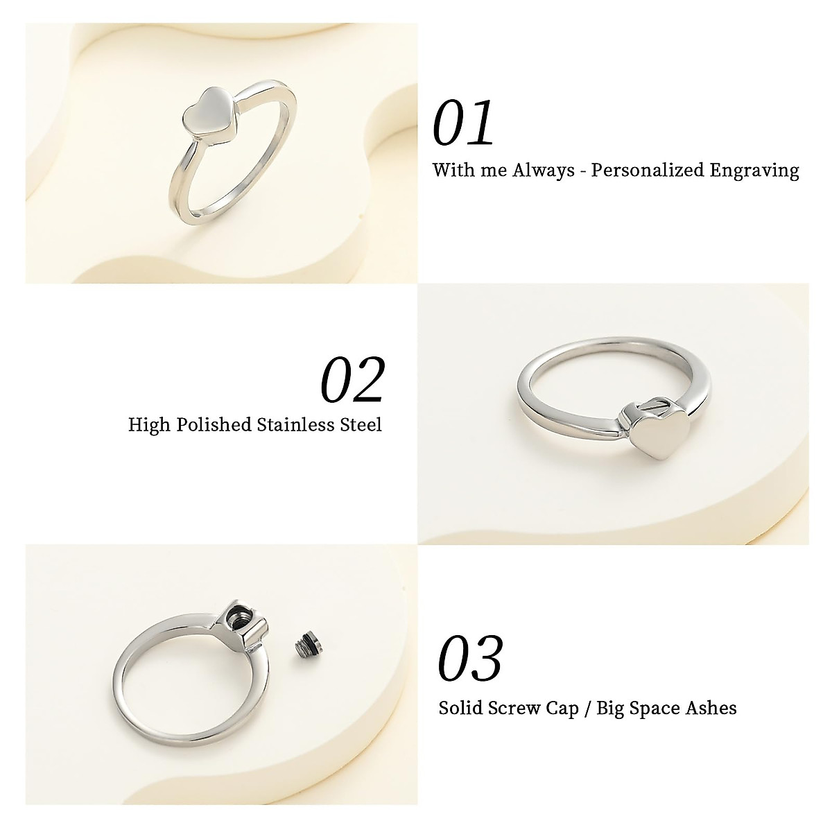 Oinsi Urn Rings for Ashes, Heart Cross Infinity Shape Cremation Rings for Ashes for Women Men Finger Ashes Ring Memorial Jewelry for Loved Ones with Filling Kits