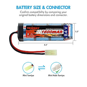 Tenergy Airsoft Battery 8.4V 1600mAh NiMH Flat Battery Pack w/Mini Tamiya Connector for Airsoft Gun + 8.4V-9.6V NiMH Battery Charger w/Mini Tamiya Connector and Standard Tamiya Adapter