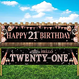 2Pcs 21st Birthday Banner Decorations for Her - Rose Gold Happy 21st Birthday Yard Banner Party Supplies, Hello Twenty-One Bday Sign Decor for Indoor Outdoor