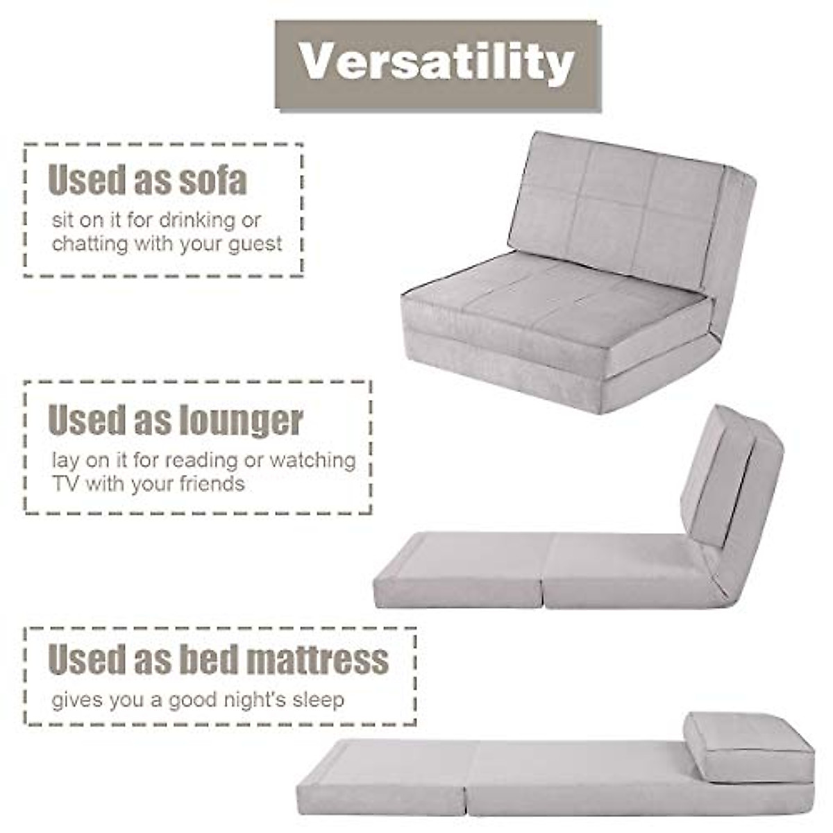 Giantex 5-Position Adjustable Convertible Flip Chair, Sleeper Dorm Game Bed Couch Lounger Sofa Chair Mattress Living Room Furniture, Gray