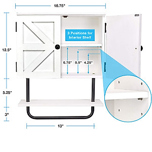 EXCELLO GLOBAL PRODUCTS 17x21” Barndoor Bathroom Wall Cabinet, Space Saver Storage Cabinet Kitchen Medicine Cabinet with Adjustable Shelf and Towel Bar, White