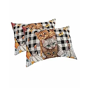 Thanksgiving Pillow Covers Standard Size Set of 2 Bed Pillow, Fall Pumpkin Cats Maple Leaf Black White Plaid Plush Soft Comfort for Hair/ Skin Cooling Pillowcases with Envelop Closure 20''x26''