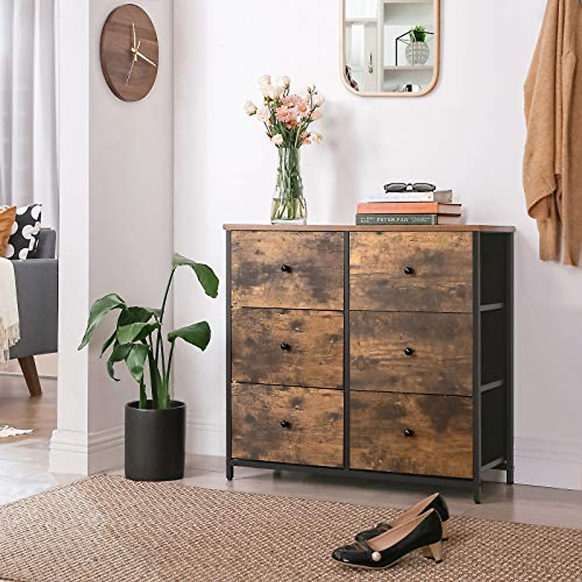SONGMICS Dresser for Bedroom, Chest of Drawers, 6 Drawer Dresser, Closet Fabric Dresser with Metal Frame, Wooden Top and Front, Brown and Black ULGS23H