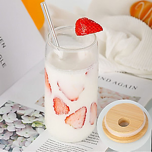 AGGICE Drinking Glass with Bamboo Lids and Glass Straw, 16Oz Can Shaped Glass Cup, Mason Jar Coke Cup Beer Glass Cocktail Glass Fruit Tea Cup Milkshake Glass Coffee Cup include Cleaning Brush