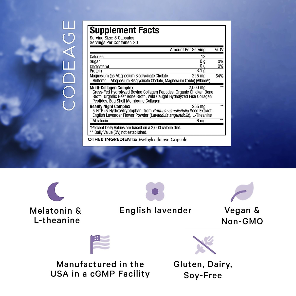 Codeage Multi Collagen Protein Beauty Night - Melatonin, Magnesium Bisglycinate, 5-HTP, L-Theanine, English Lavender Flower, Bone Broth - Vitamins - Supplement - Sleep Pills - Non-GMO - 150 Capsules