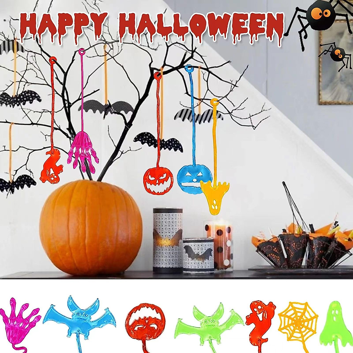 50Pcs Halloween Stretchy Sticky Hands,Party Favors for Kids,Skull Skeleton Bat Ghost Pumpkin Styles Sticky Toys For Goodie Bags,Halloween Exchange Gifts,Treasure Box Fillers and Classroom Prizes