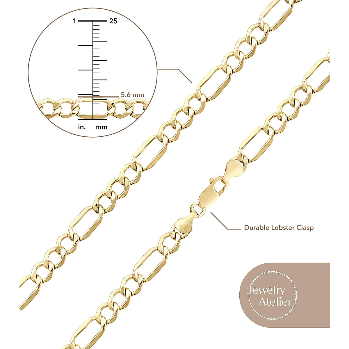 Jewelry Atelier Gold Chain Necklace Collection - 14K Solid Yellow Gold Filled Figaro Chain Necklaces for Women and Men with Different Sizes (2.8mm, 3.7mm, 4.7mm, 5.6mm)