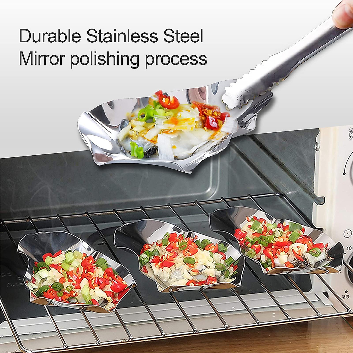 Linoone Reusable Stainless Steel Grilled Oyster Shells, Set of 12, Great for Make Oysters/Baked Clams/Scallop/Seafood of All Kind, Silver（Stainless Steel Kitchen Tongs） (Set of 12)