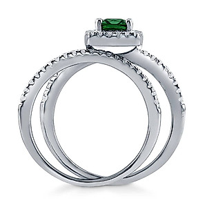 BERRICLE Sterling Silver Halo Wedding Engagement Rings Simulated Emerald Cushion Cut Cubic Zirconia CZ Ring Set for Women, Rhodium Plated Size 6