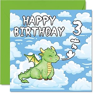 3rd Birthday Card Unisex - Cute Dragon - Happy Birthday Card 3 Year Old, 5.7 x 5.7 Inch Greeting Card for Son Daughter Brother Sister Grandson Granddaughter Niece Nephew Cousin