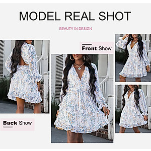 Dokotoo Womens Sun Casual V Neckline Long Sleeve Open Back Floral Print Mini Dress Bohemian Fashion Skater A Line Ruffle Hem Flowy Dresses White Large
