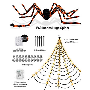 Kefron Hallow Decorations 150LED Light Up 23Ft Triangular Spider Web with 60'' Black Orange Giant Spider for Outdoor Home Yard Halloween Party Deco, Included 20 Mini Spiders 40g Stretchable Spiderweb