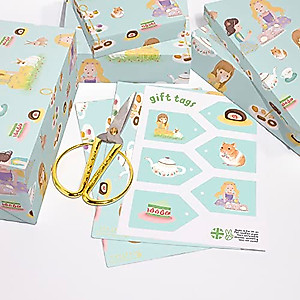 CENTRAL 23 Girls Wrapping Paper Birthday - 6 Sheets Blue Gift Wrap - Tea Party - Bunny - For Daughter Niece Granddaughter - Comes With Fun Stickers