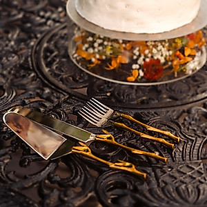 Heartfelt Homie Wedding Cake Knife and Server Set - 4 PC Cake Cutting Set with Gold Twig Leaf Handles - Pie server, Cake knife, Engraved forks for Wedding Cake Cutting - Engagement, Bridal Gifts