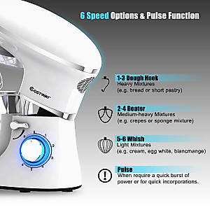 COSTWAY Stand Mixer, 660W Electric Kitchen Food Mixer with 6-Speed Control, 6.3-Quart Stainless Steel Bowl, Dough Hook, Beater, Whisk (White-update)