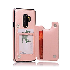 Phone Case for Samsung Galaxy S9 Plus with Tempered Glass Screen Protector and Card Holder Wallet Cover Stand Flip Leather Cell Accessories Glaxay S9+ 9S 9+ S 9 9plus S9plus Cases Women Rose Gold