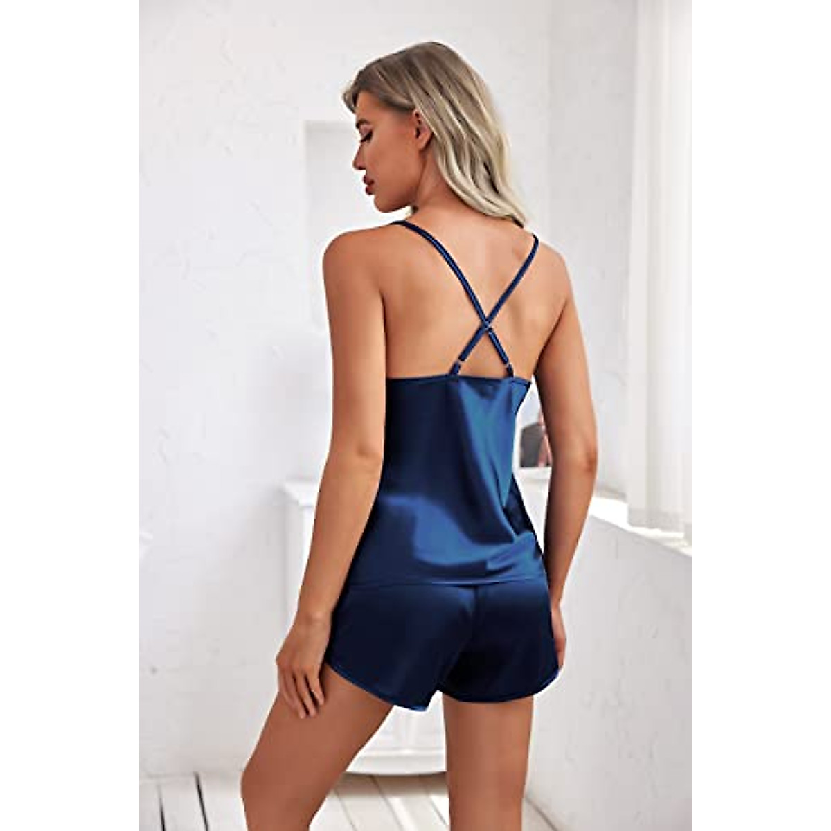 MAXMODA Silk Lingerie for Women Sexy Pjs Set Cowl Neck Pajamas Set Cami Shorts Set Bride Pj Wedding Set (Navy Blue, XL)