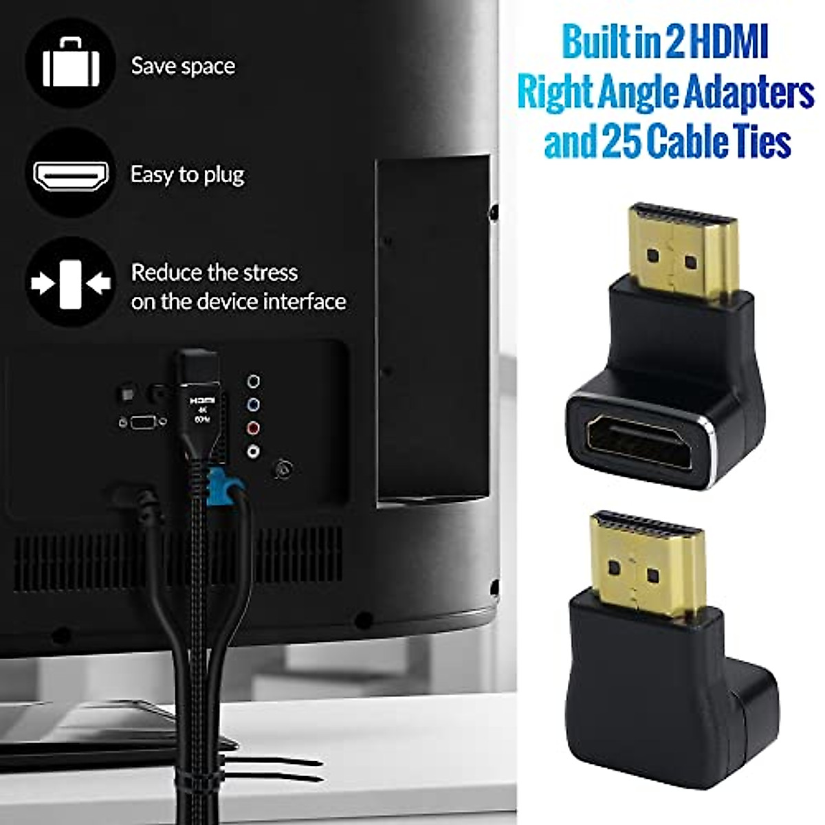 4K HDMI Cable 25 Feet (5 Pack), Ultra HD HDMI 2.0 Cable, Nylon Braided & Gold-Plated Connectors, 4K @ 60Hz, 2K,1080P, HDCP 2.2, ARC, Bulk HDMI Cables for Laptop, Monitors, HDTV, PS5, Xbox One & More
