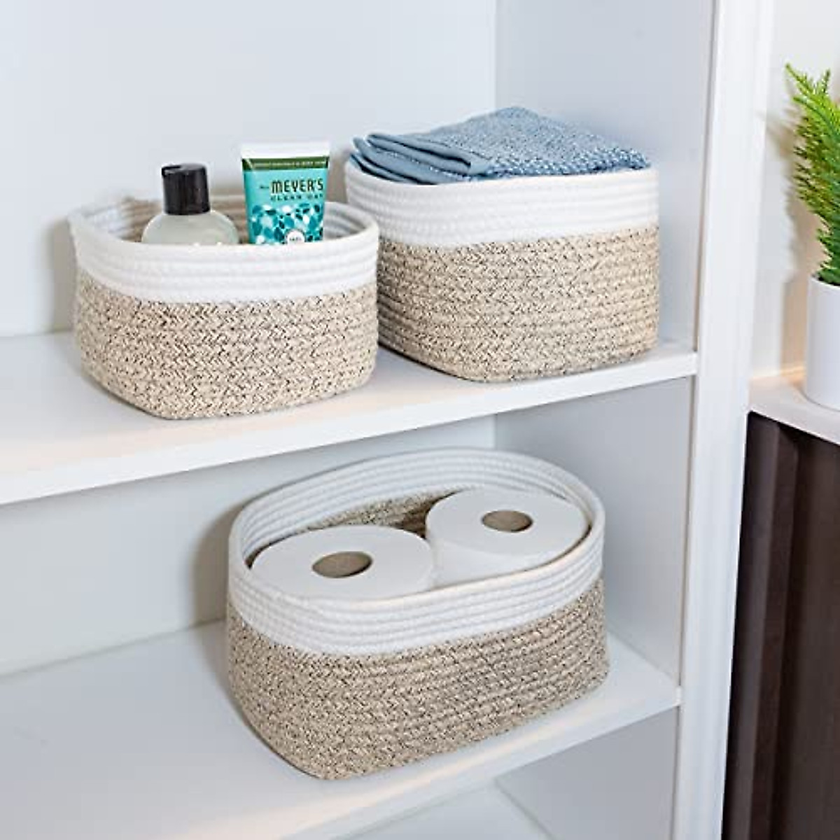 Home-Complete 3-Piece Set Small, Medium, and Large Rope Baskets for Makeup, Towel, Nursery, Office and Classroom Storage, White and Natural