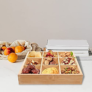 DOITOOL Divided Serving Tray Wooden Square 9 Compartments Serving Platter Sushi Plate Nut Candy Snack Storage Trays Ottoman Tray for Home Restaurant