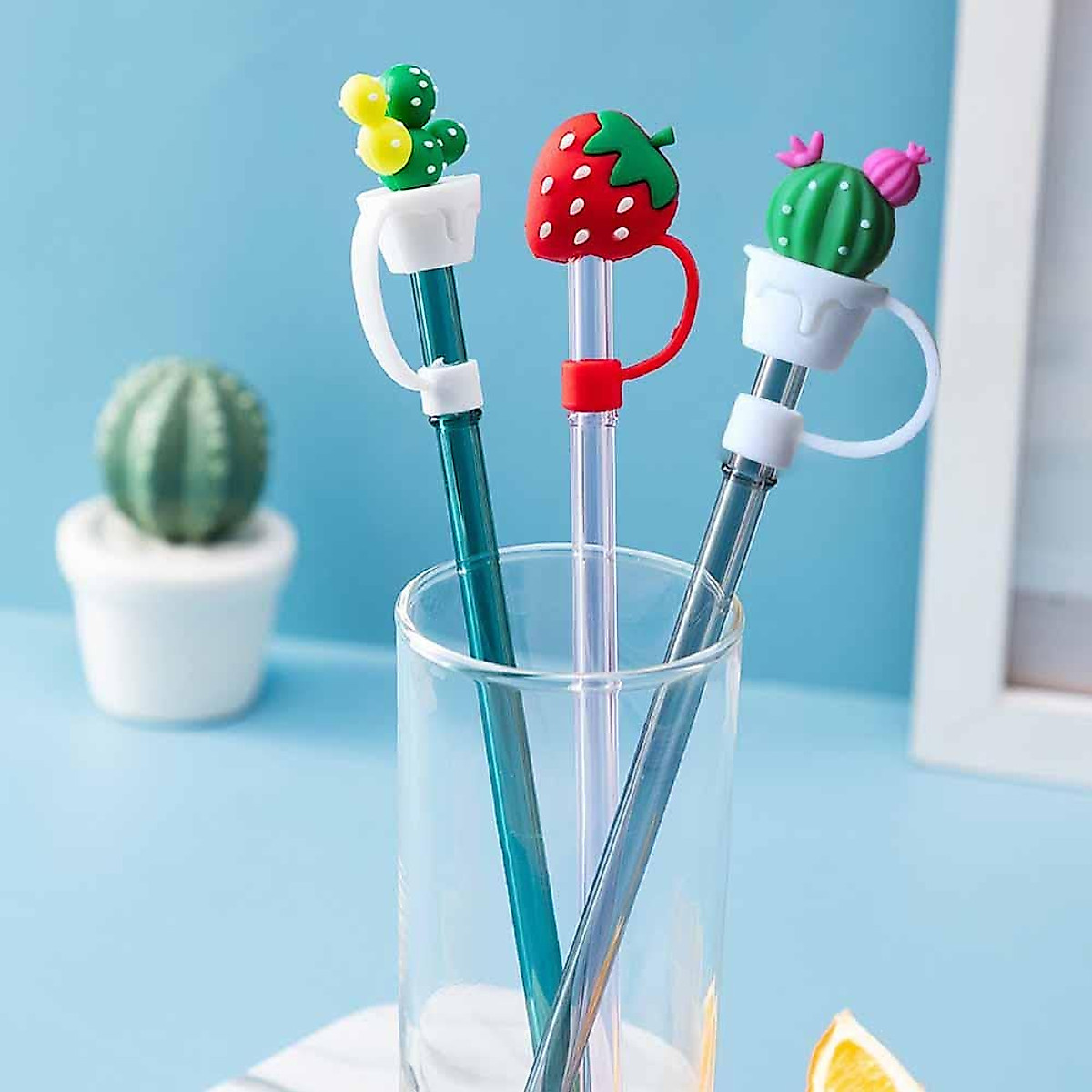 1Pcs Cactus Strawberry Straw Tips Cover Straw Covers Cap for Reusable Straws Straw Protector Potted Plants Style