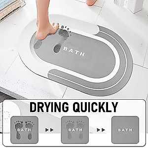 UVTQSSP Bath Mat Rug, Non-Slip Super-Absorbent Quick Dry Washable No Stains Oval Rubber Mat for Bathroom Floor, Tub and Shower, 24" x 16" Grey