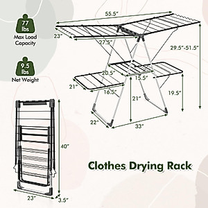 Tangkula Laundry Drying Rack, Foldable Clothes Drying Rack with Height Adjustable Wings, 33 Drying Rails & Sock Clips, Freestanding Gullwing Garment Stand for Indoor & Outdoor Use (Sliver+Grey)