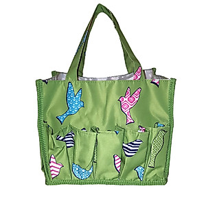 SONA G DESIGNS Small Fashion Organizing Tote Bag - 12 Outside Pockets Bingo Cosmetics Crafts Yarn Crochet Projects - Green Bird