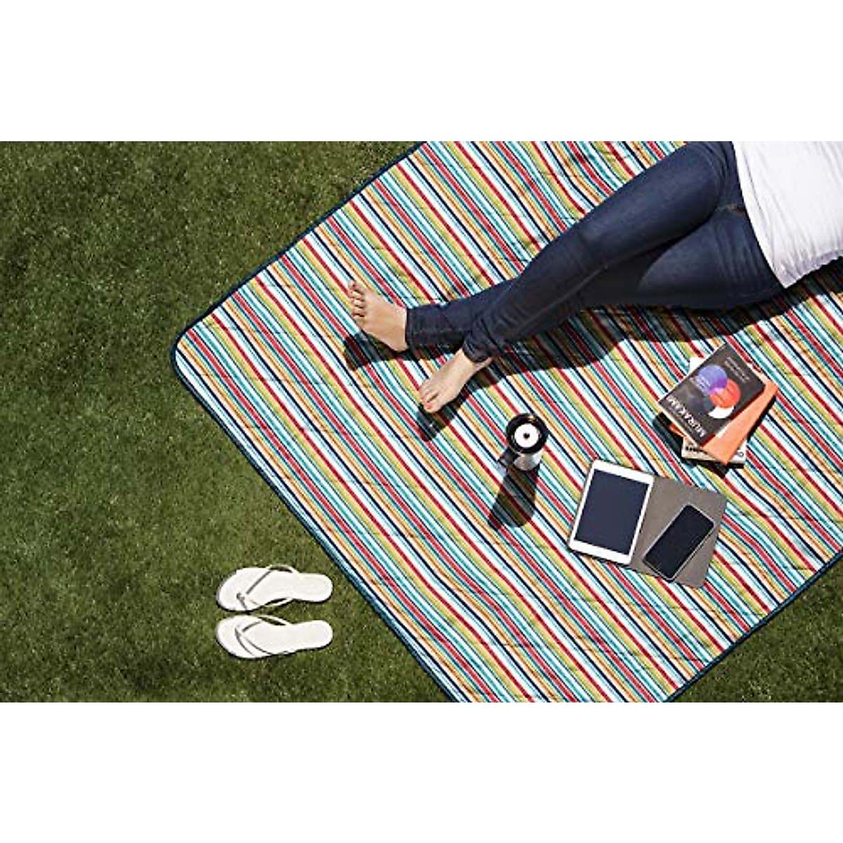 ONIVA - a Picnic Time brand - Vista Outdoor Picnic Blanket & Tote - Beach Blanket - Camping Blanket, (Fun Stripe Pattern with Aqua Blue Exterior)